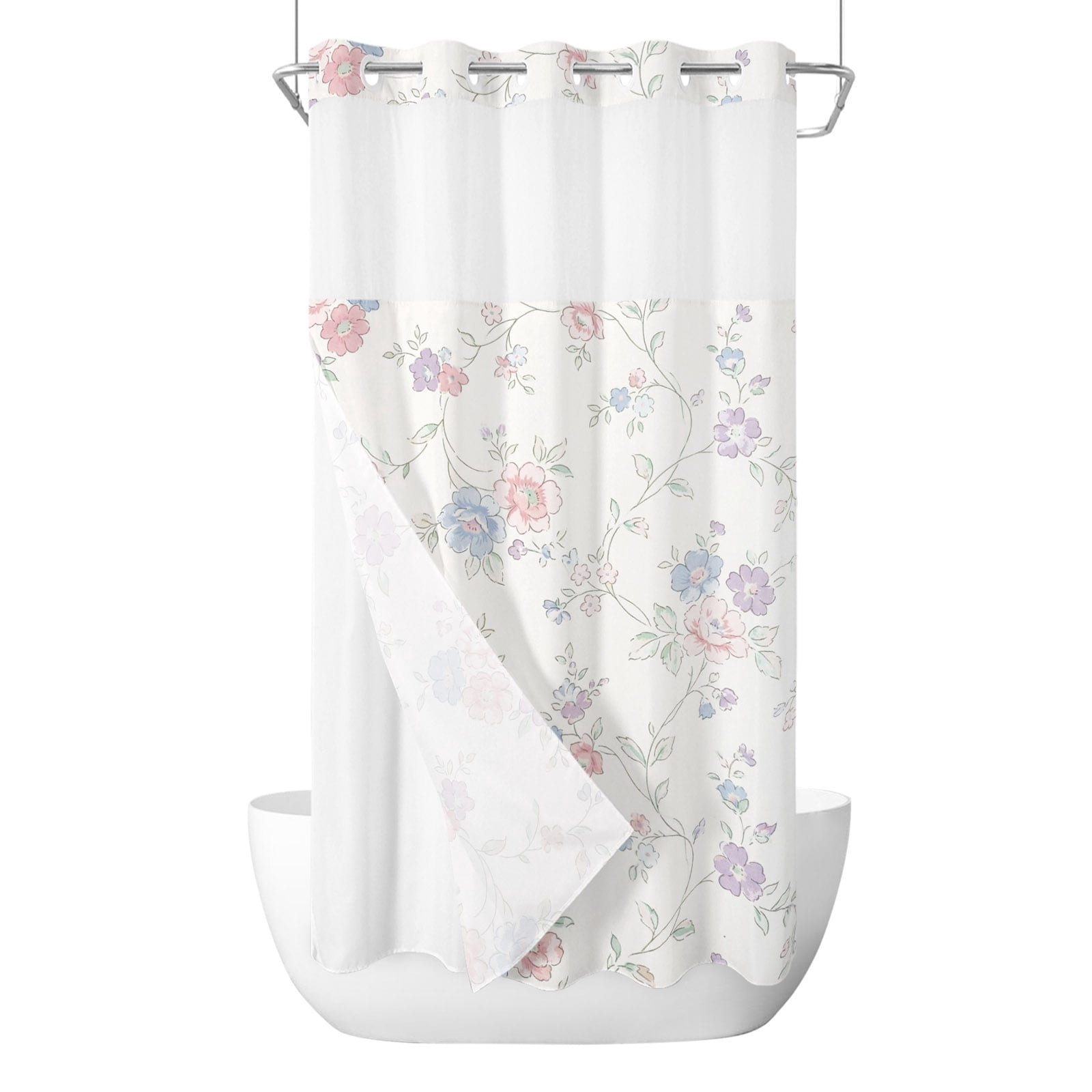 Blue Purple Flowers No Hook Shower Curtain with Snap in Liner, Rustic ...
