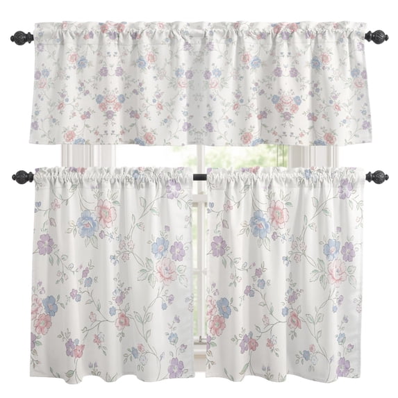 Blue Purple Flowers Kitchen Curtains Set for Windows, Rustic Light ...