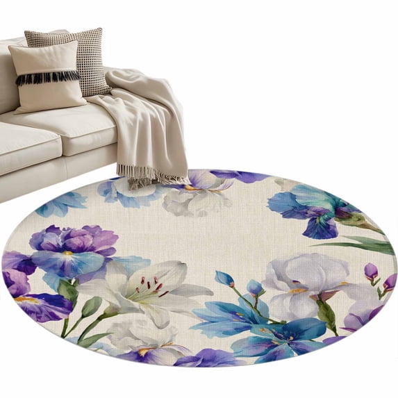Blue Purple Flowers Round Area Rugs Collection 3', Spring Seasonal ...