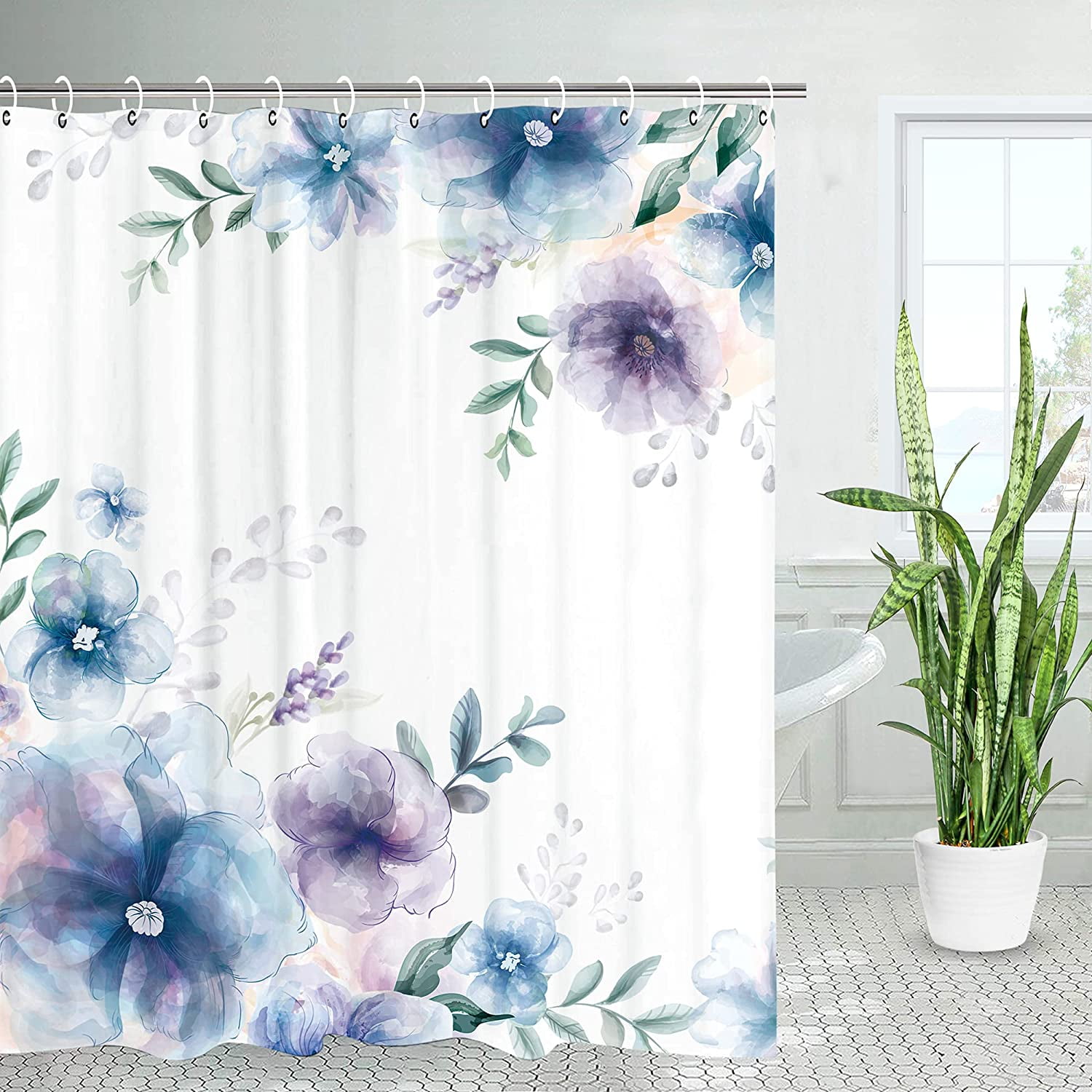 Blue Purple Flowers Shower Curtain, Floral Shower Curtains Set with 12 ...