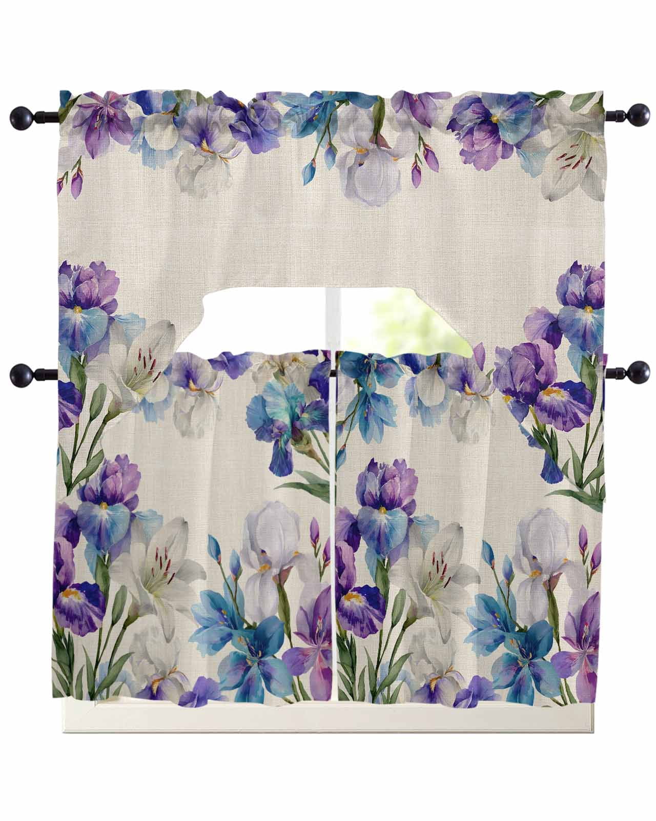 Blue Purple Flowers Swag Kitchen Curtains Sets for Windows 24 Inch ...