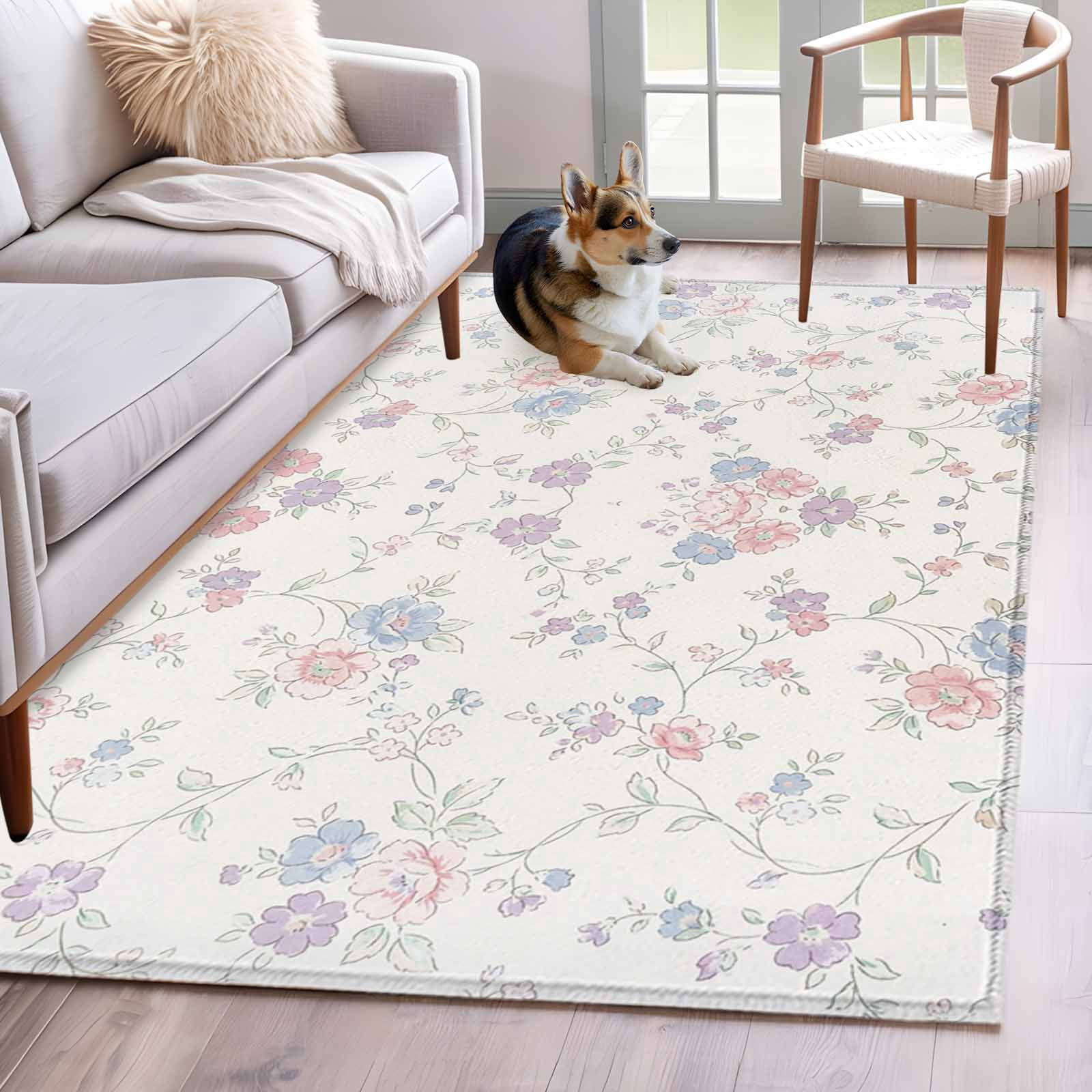Blue Purple Flowers Washable Area Rug 4x6 Rustic Light Purple Blue Pink ...