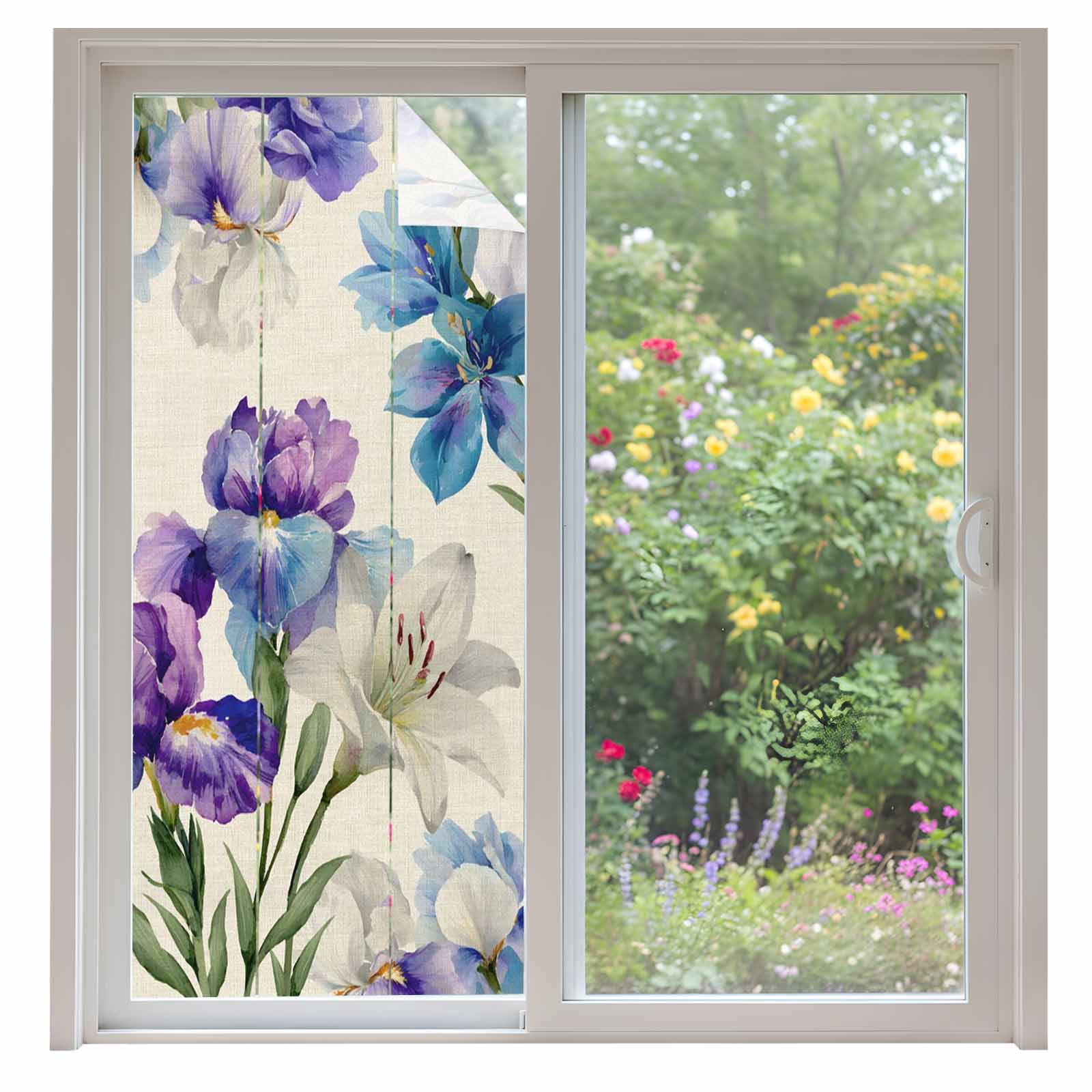 Blue Purple Flowers Window Privacy Film, Spring Seasonal Botanical ...