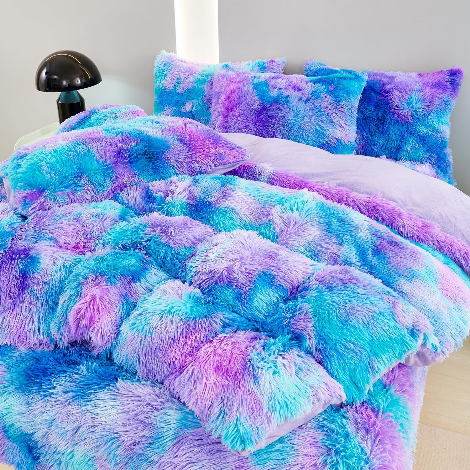 Blue Purple Fluffy Twin Bedding Sets for Girls 3Pcs Faux Plush Shaggy ...