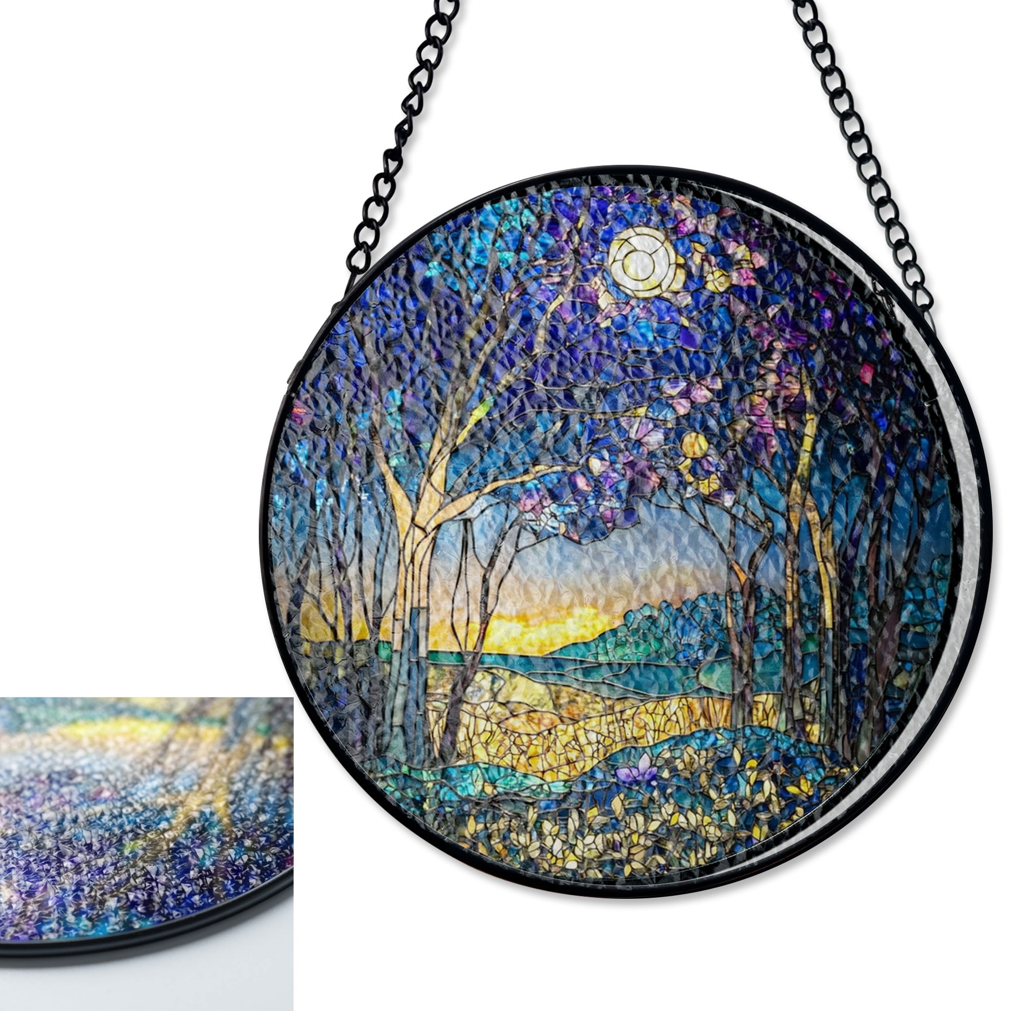 Blue Purple Forest Landscape Stained Glass Suncatcher, Moon Window ...
