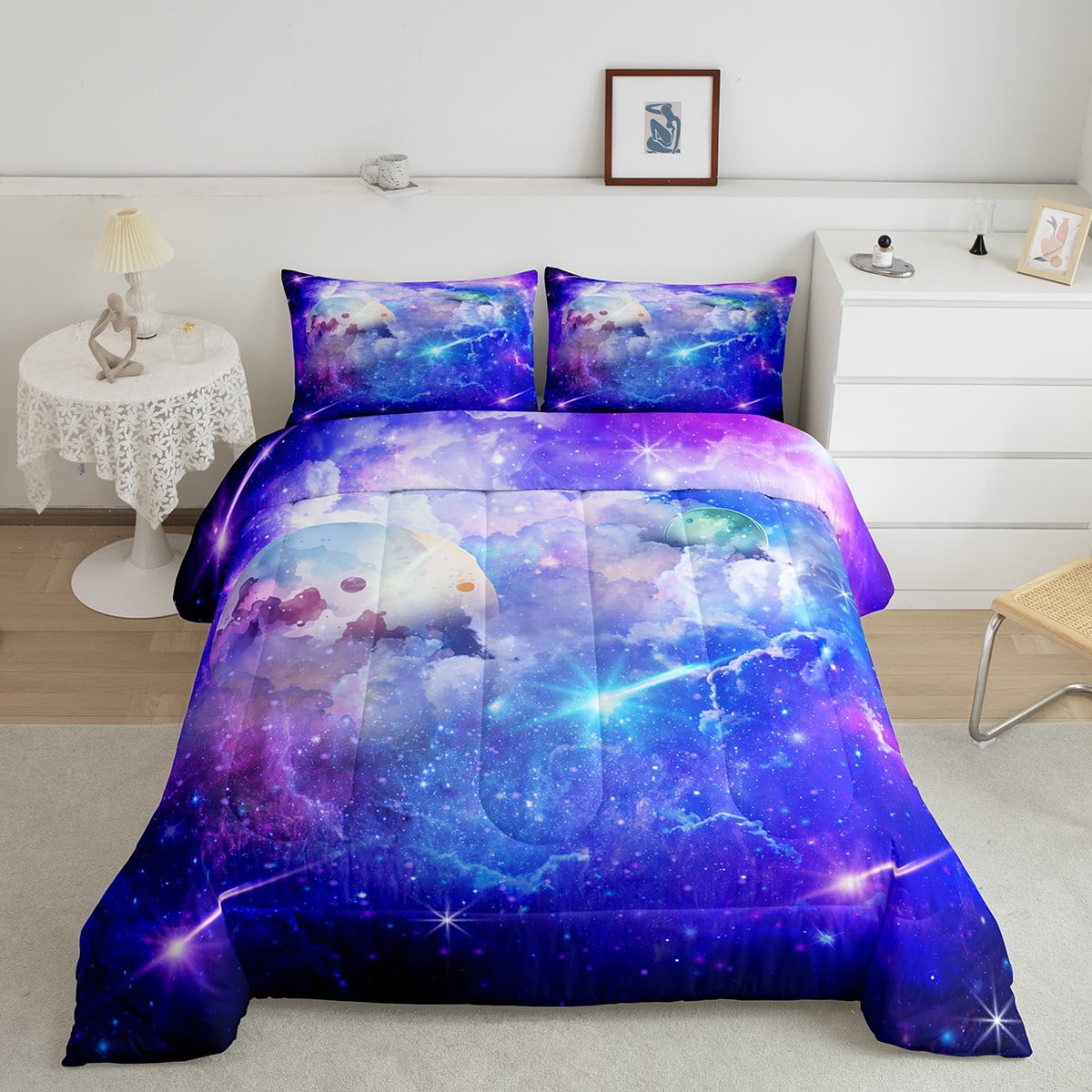 Blue Purple Galaxy King Bedding Sets,Dreamy Starry Sky Quilt Glitter ...