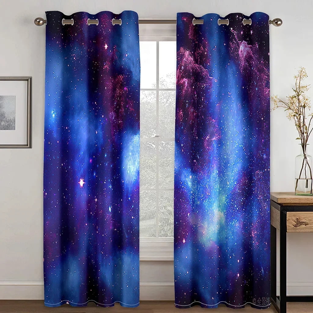 Blue Purple Galaxy Window Curtains Left and Right Double Opening Space ...