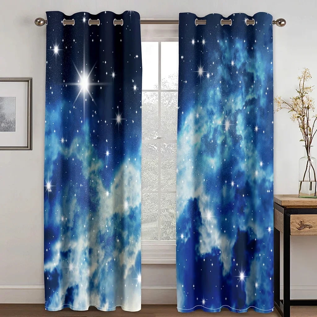 Blue Purple Galaxy Window Curtains Left and Right Double Opening Space ...