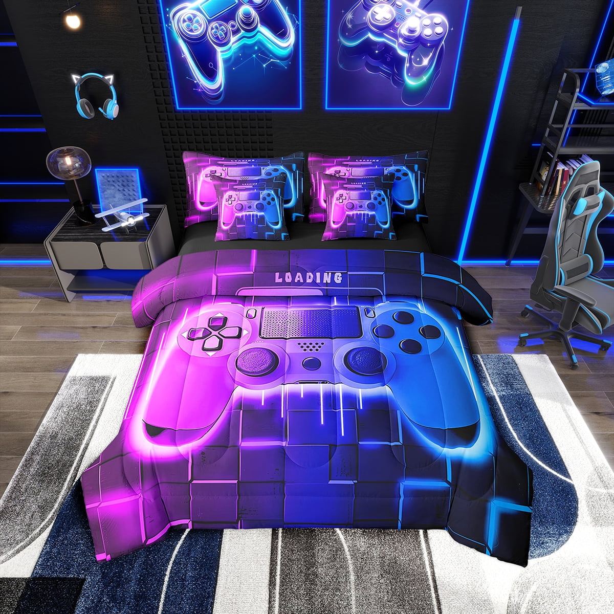 Blue Purple Gaming Bed in a Bag King Size Comforter Set 7 Pieces,Gamer ...