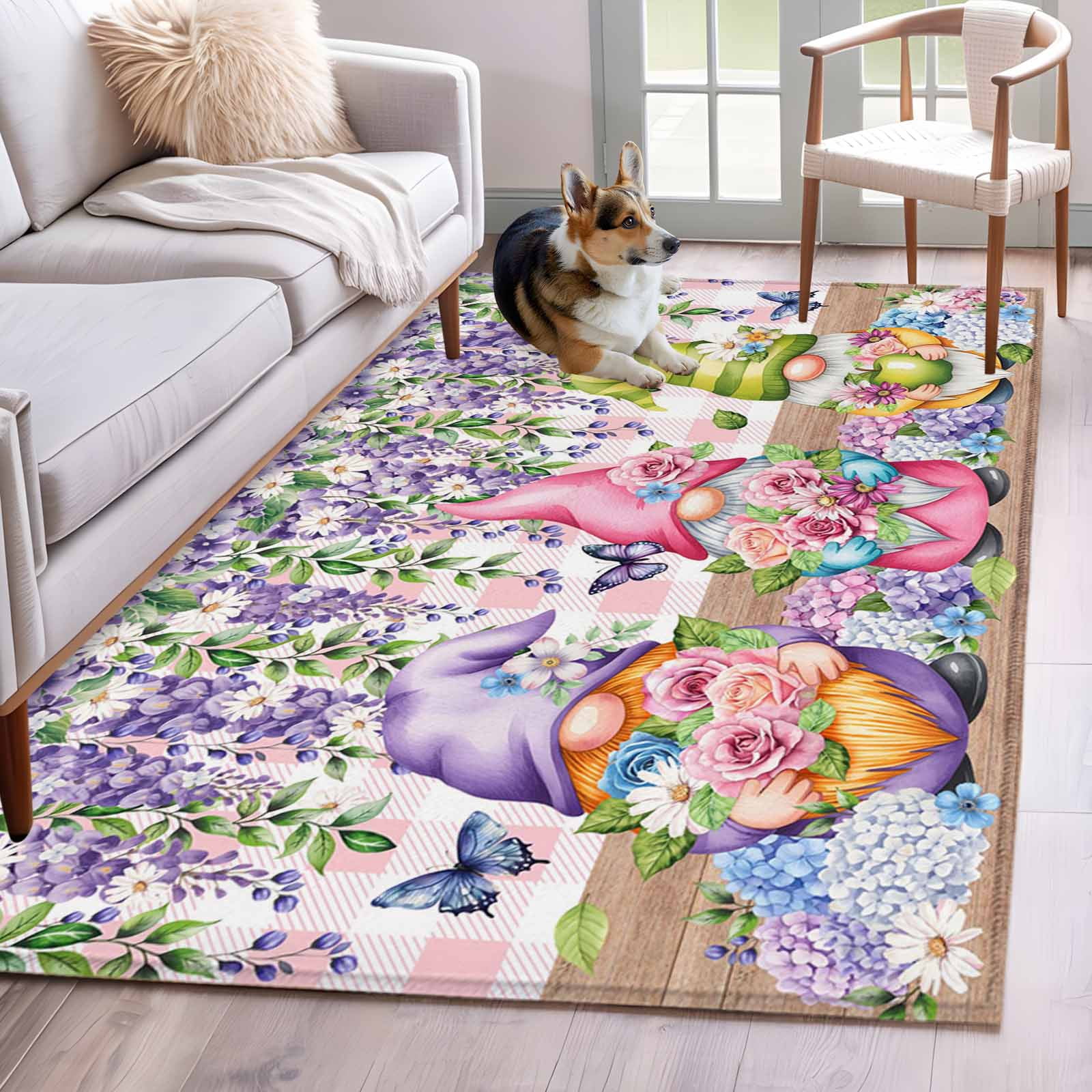 Blue Purple Gnomes Area Rug 3x5 Washable Rug Non Slip Spring Hydrangea ...