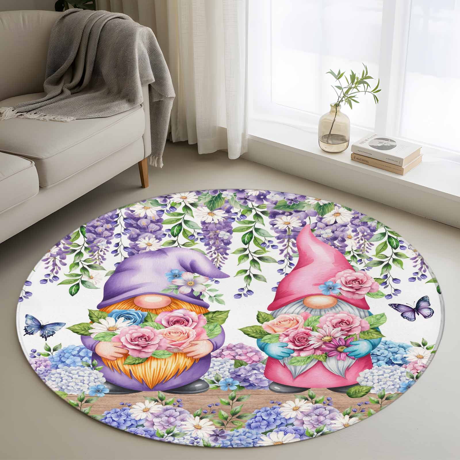 Blue Purple Gnomes Round Rug 3ft Washable Circle Entryway Rugs Non Slip ...