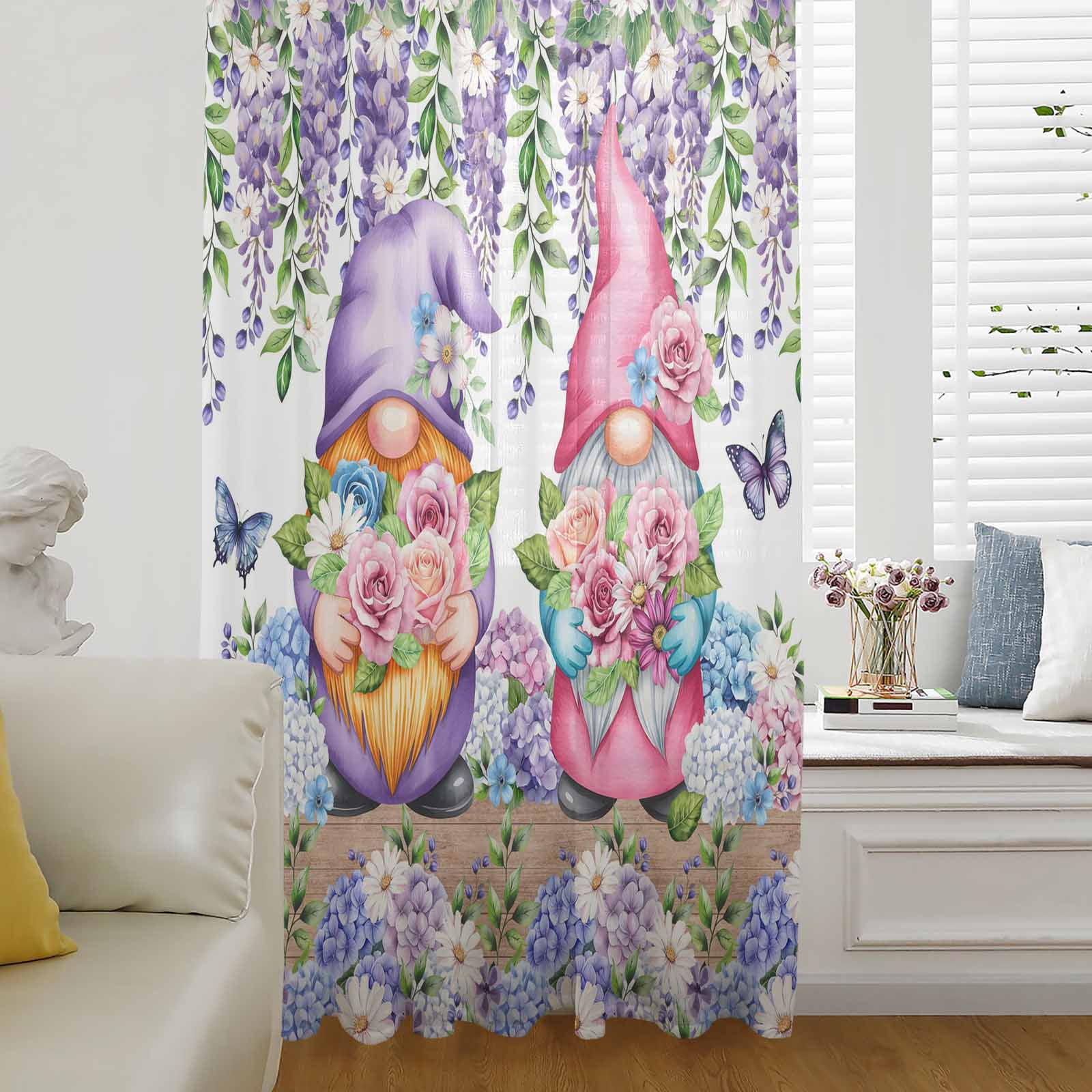 Blue Purple Gnomes Semi Sheer Curtains Drapes for Living Room,Bedroom ...