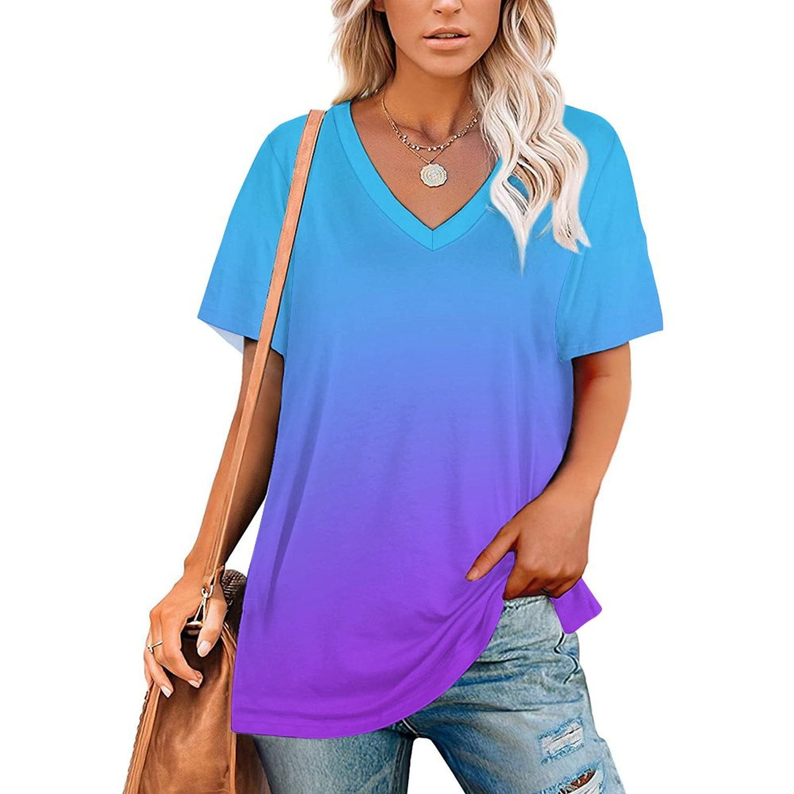 Blue Purple Gradient Fashion Female T-Shirt Short Sleeve Lady V Neck ...