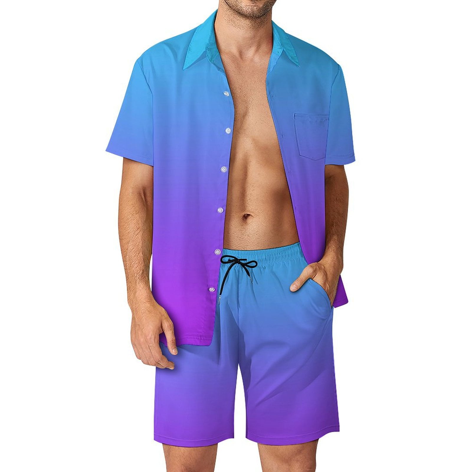 Blue Purple Gradient Mens 2 Piece Casual Outfits Short Sleeve Button ...