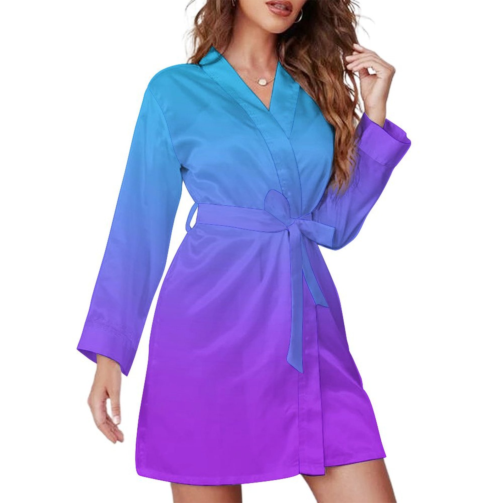 Blue Purple Gradient Night Robe Long Sleeve V Neck Robe With Belt Women ...