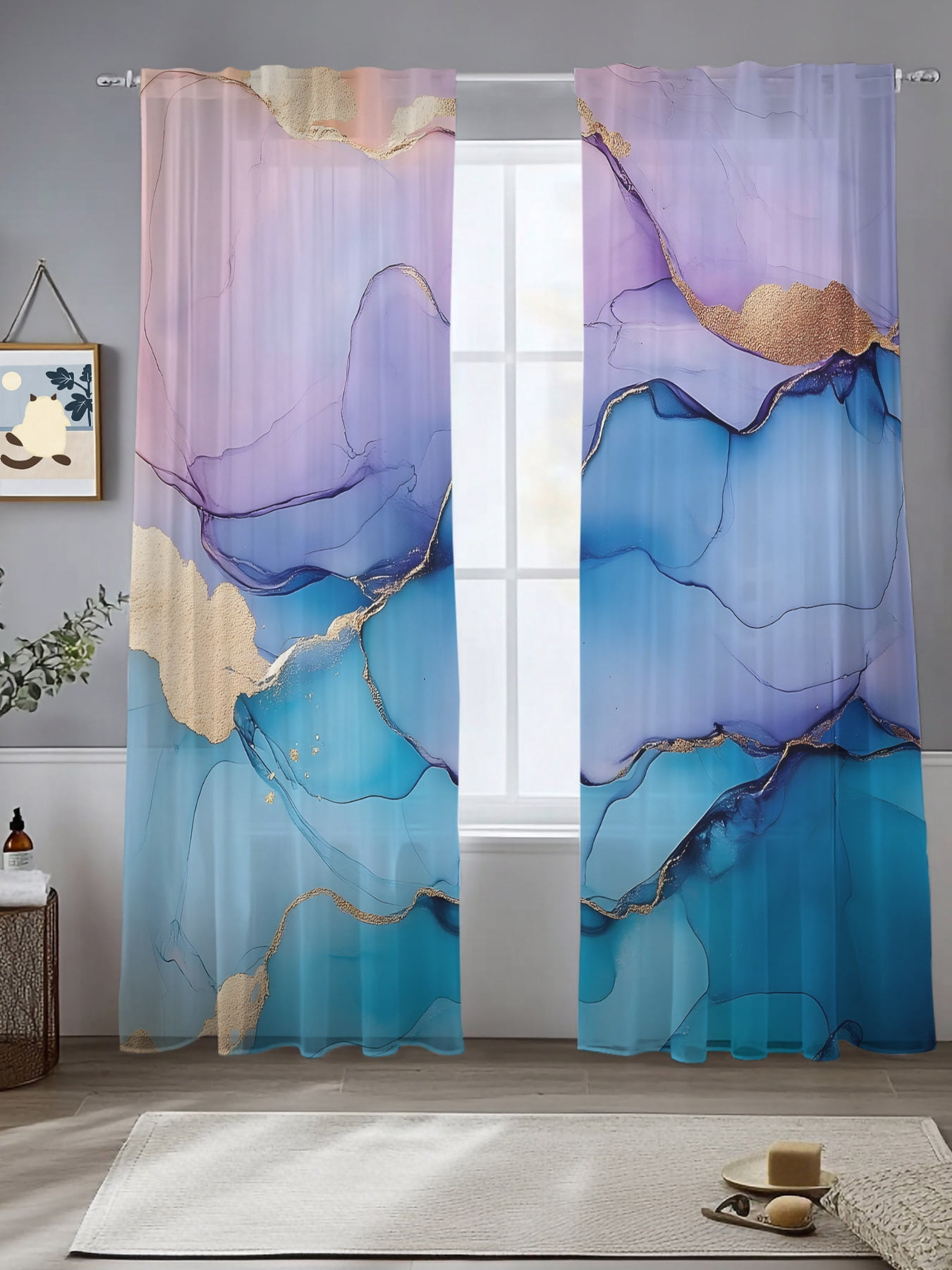 Blue and Purple Gradient Water Ripples Chiffon Sheer Curtains 84 Inches ...