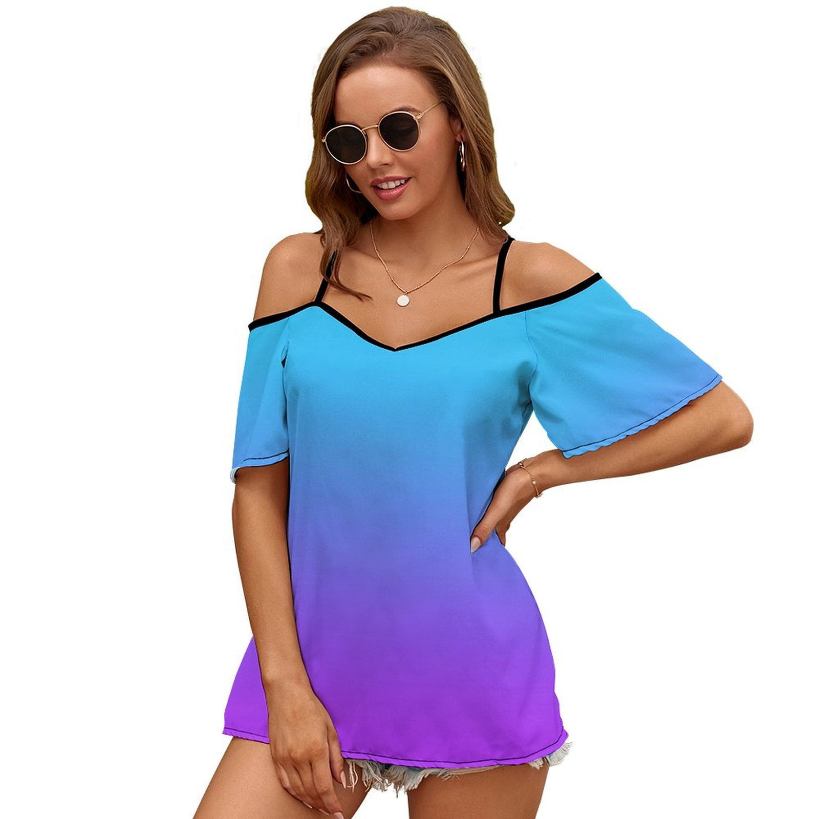 Blue Purple Gradient Women's T-Shirt Fashion Printed V-Neck Short ...