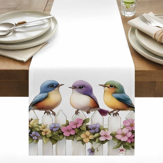 Blue Purple Green Bird Cotton Linen Table Runner Spring Pink Flower ...