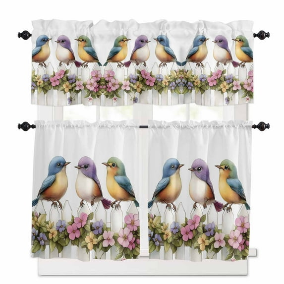 Blue Purple Green Bird Kitchen Curtains Valances and Tiers Set of 3 ...