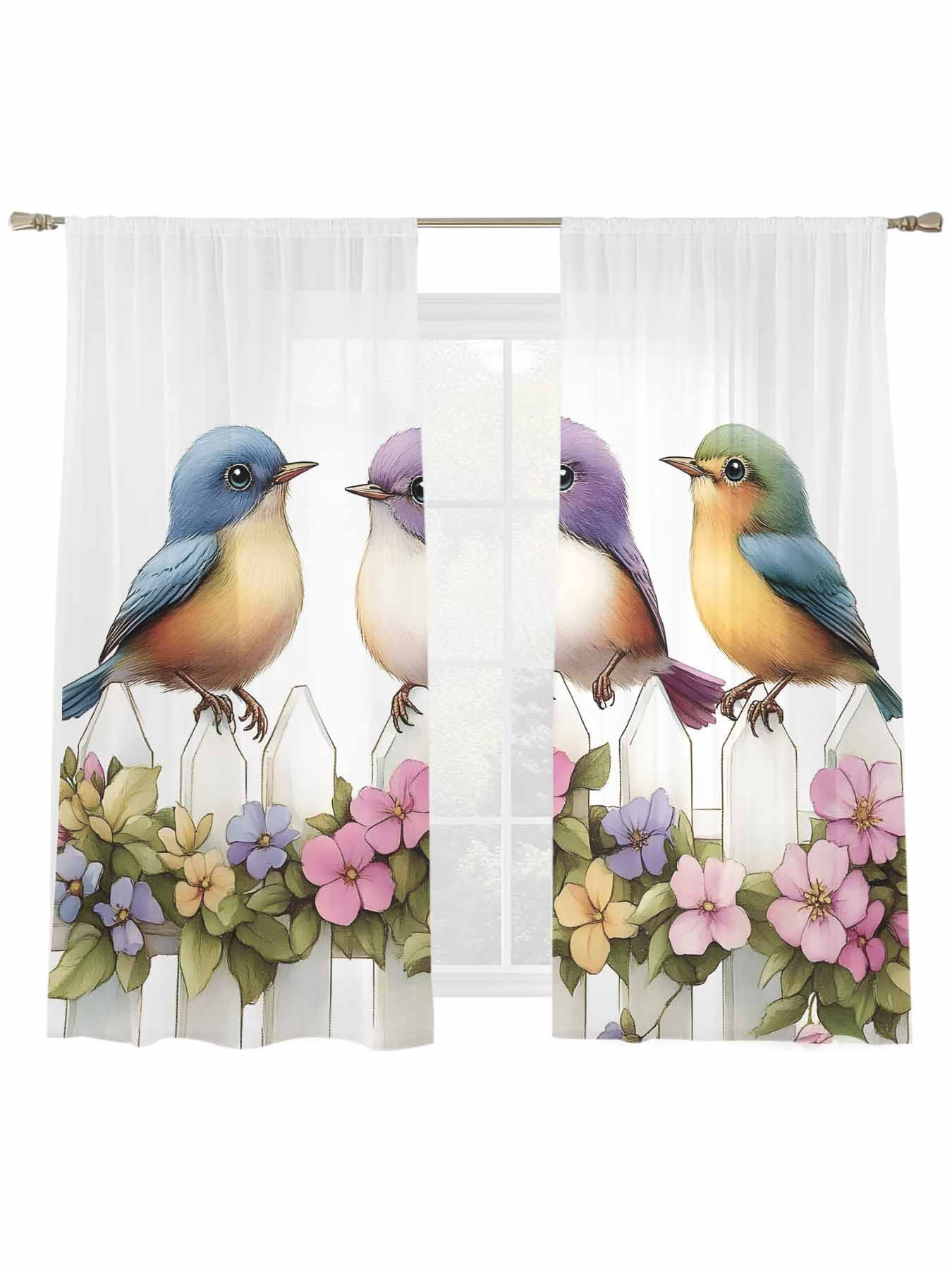 Blue Purple Green Bird Sheer Curtains 2 Panels Set Spring Pink Flower ...