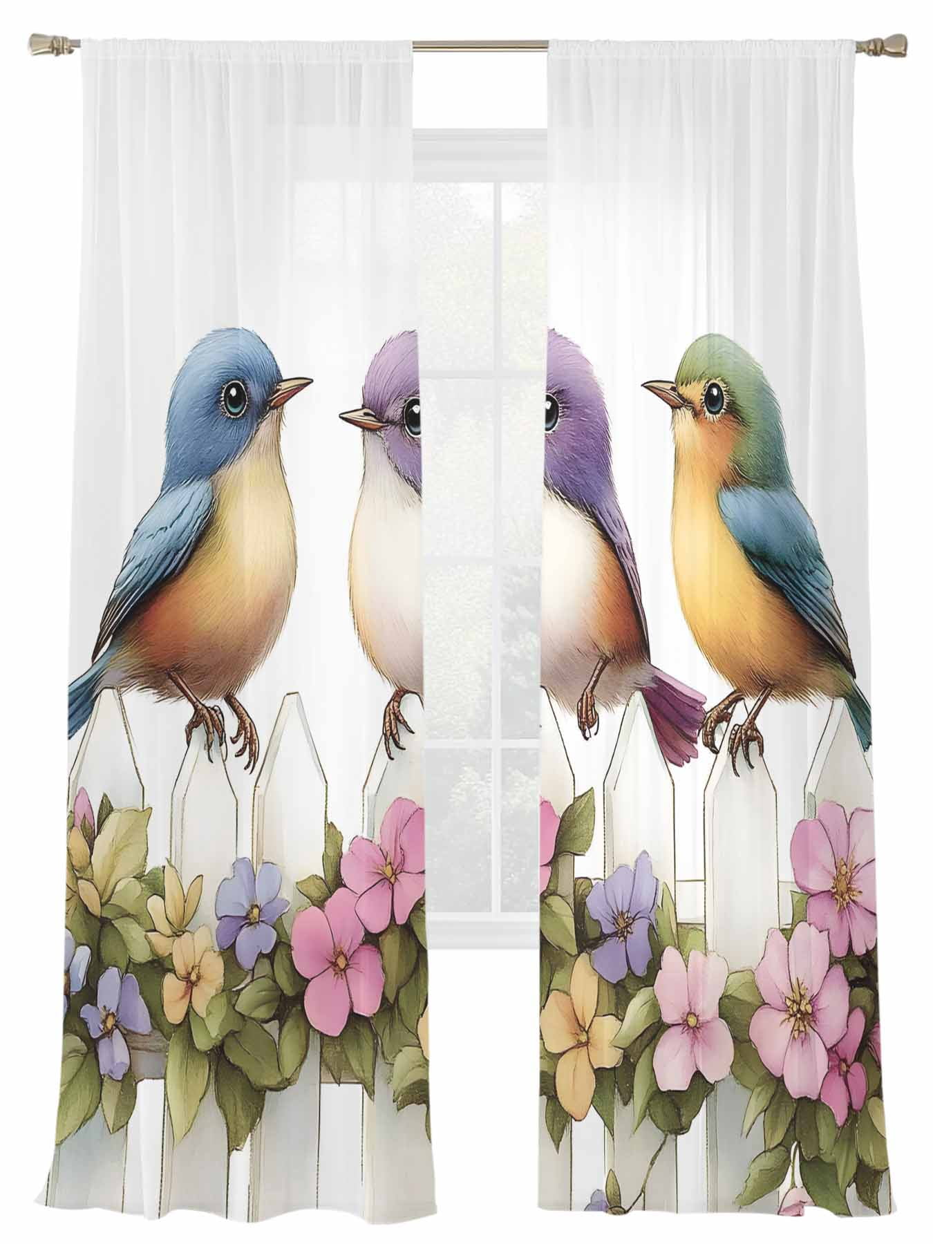 Blue Purple Green Bird Sheer Curtains 2 Panels Set Spring Pink Flower ...