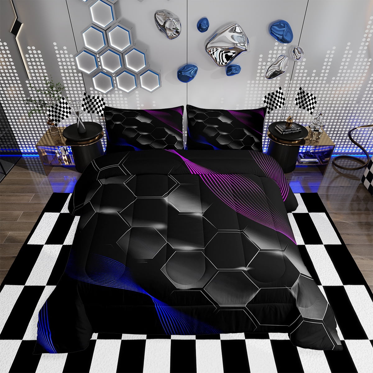 Blue and Purple Hexagonal Comforter Set Queen,Geometric Stripes Bedding ...