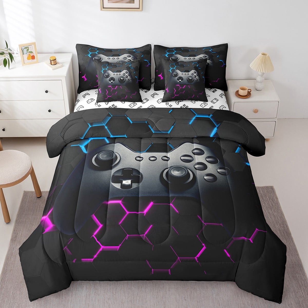 Blue Purple Honeycomb 7 Piece Comforter Set Full Bed in a Bag,Gaming ...