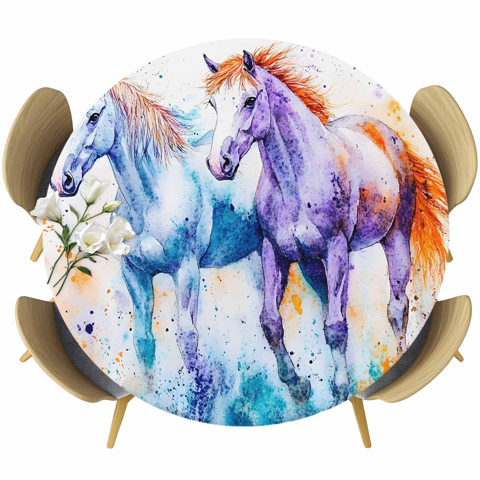 Blue Purple Horse Print Round Tablecloth 45-54 Inch Round Fitted Table ...