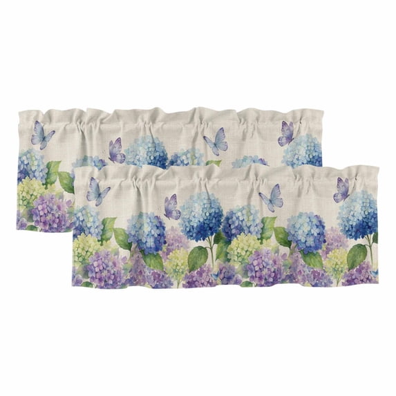 Blue Purple Hydrangea 2 Panels Kitchen Valance, Summer Floral Butterfly ...