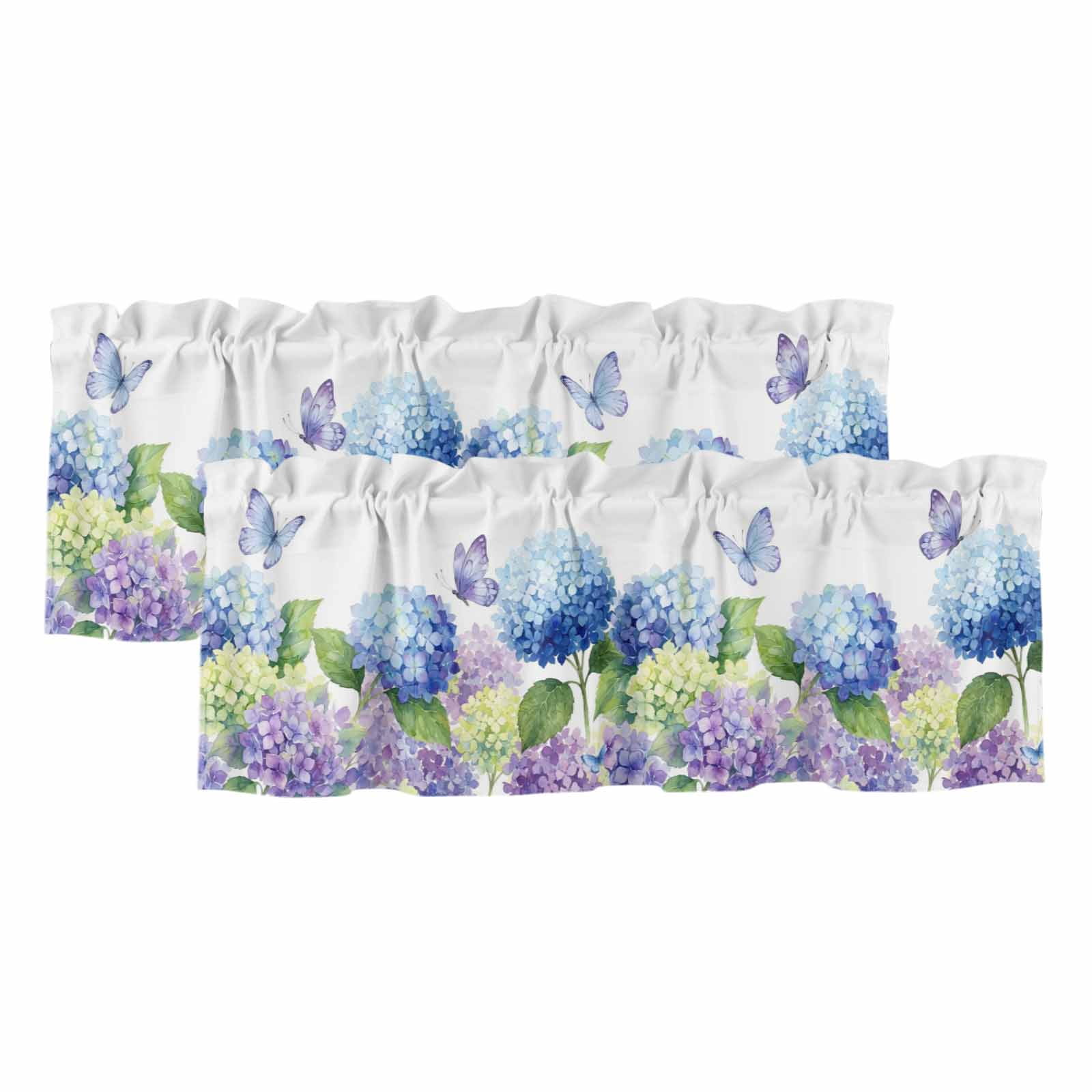 Blue Purple Hydrangea 2 Panels Kitchen Valance, Summer Watercolor ...