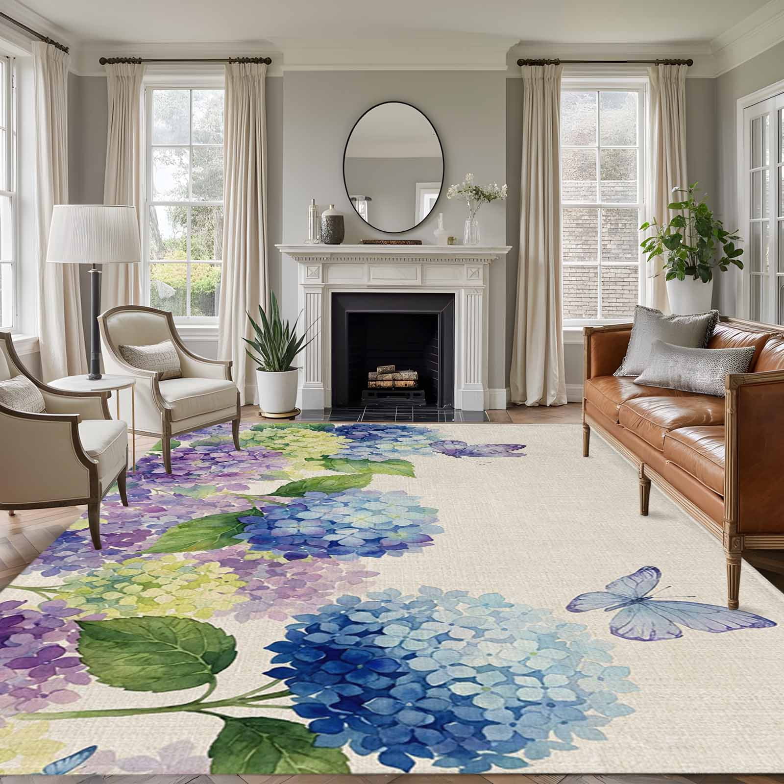 Blue Purple Hydrangea 5'x7' Area Rugs Summer Floral Butterfly Linen ...