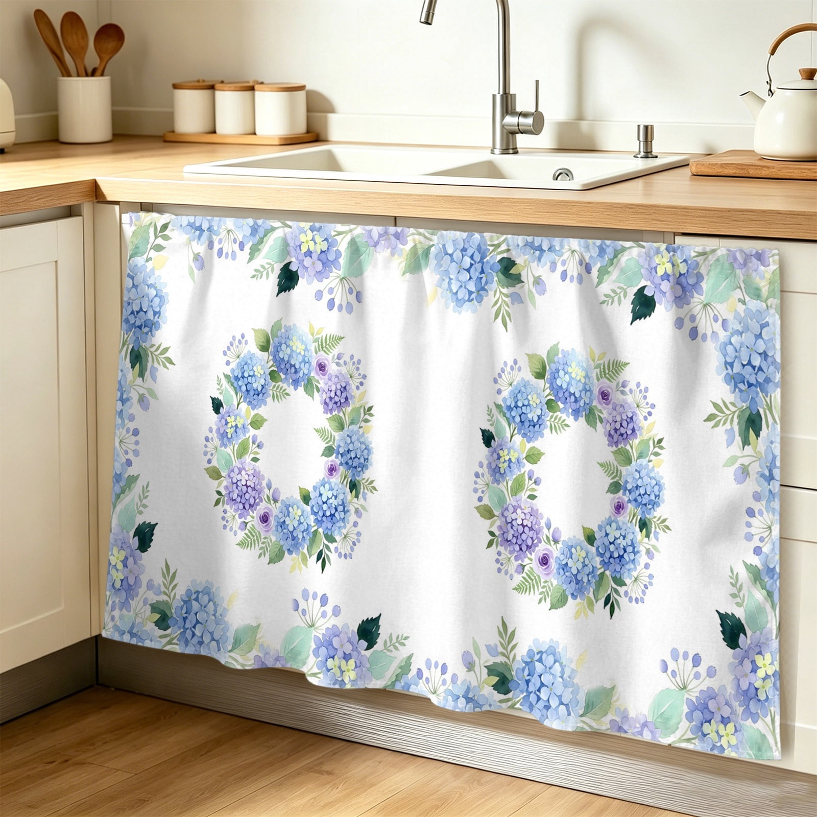 Blue Purple Hydrangea Cabinet Curtain 28"W x 51"L, Farmhouse Country ...