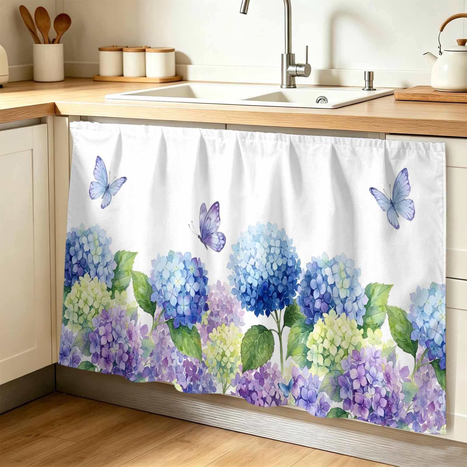 Blue Purple Hydrangea Cabinet Curtain, Summer Watercolor Floral ...