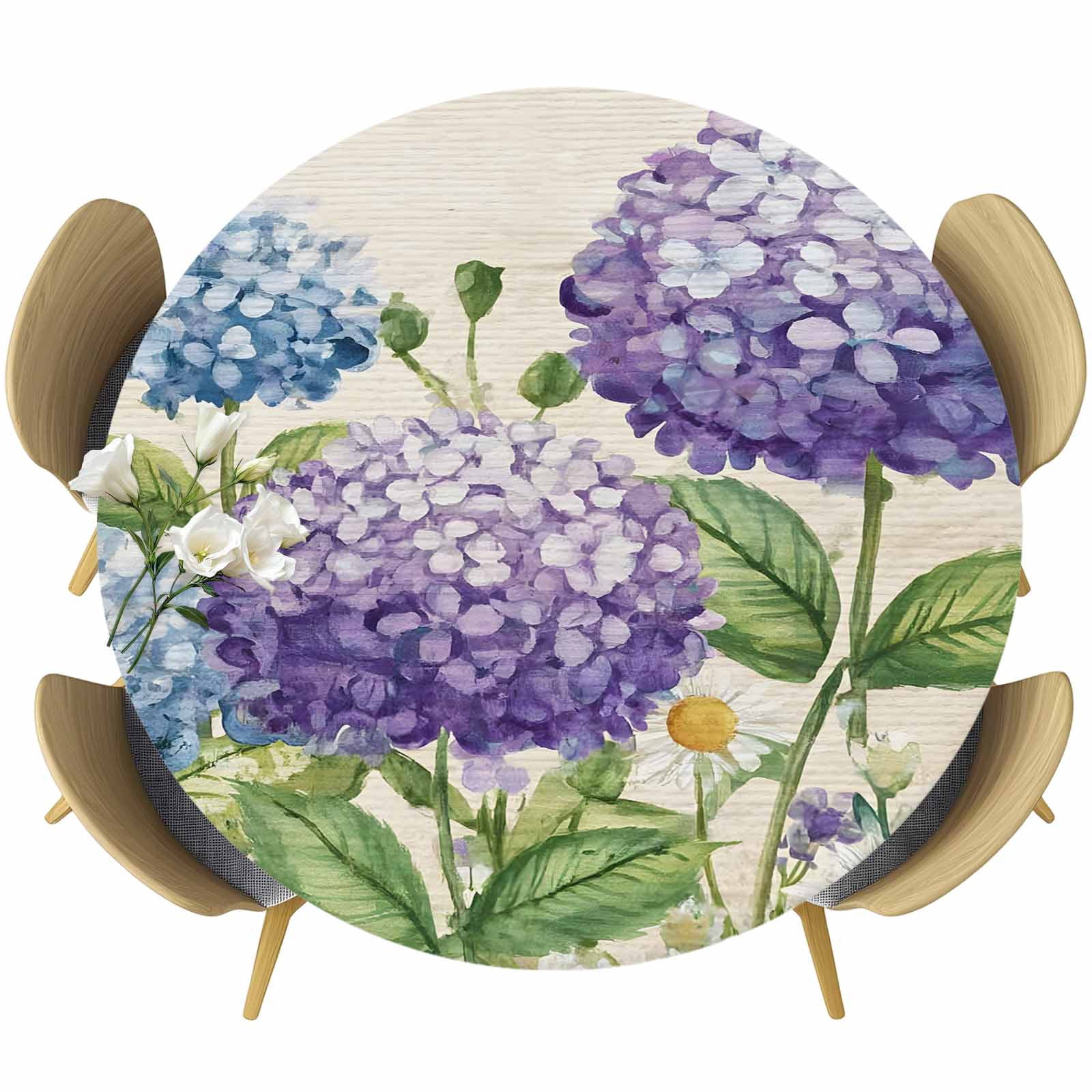 Blue Purple Hydrangea Flower Round Tablecloth, Fitted Table Cover with ...