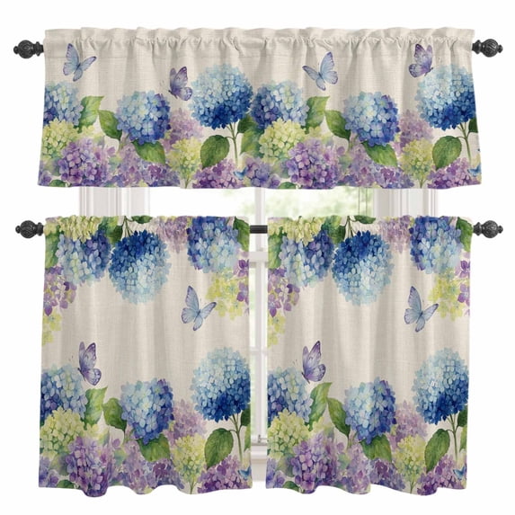 Blue Purple Hydrangea Kitchen Curtains Set for Windows, Summer Floral ...