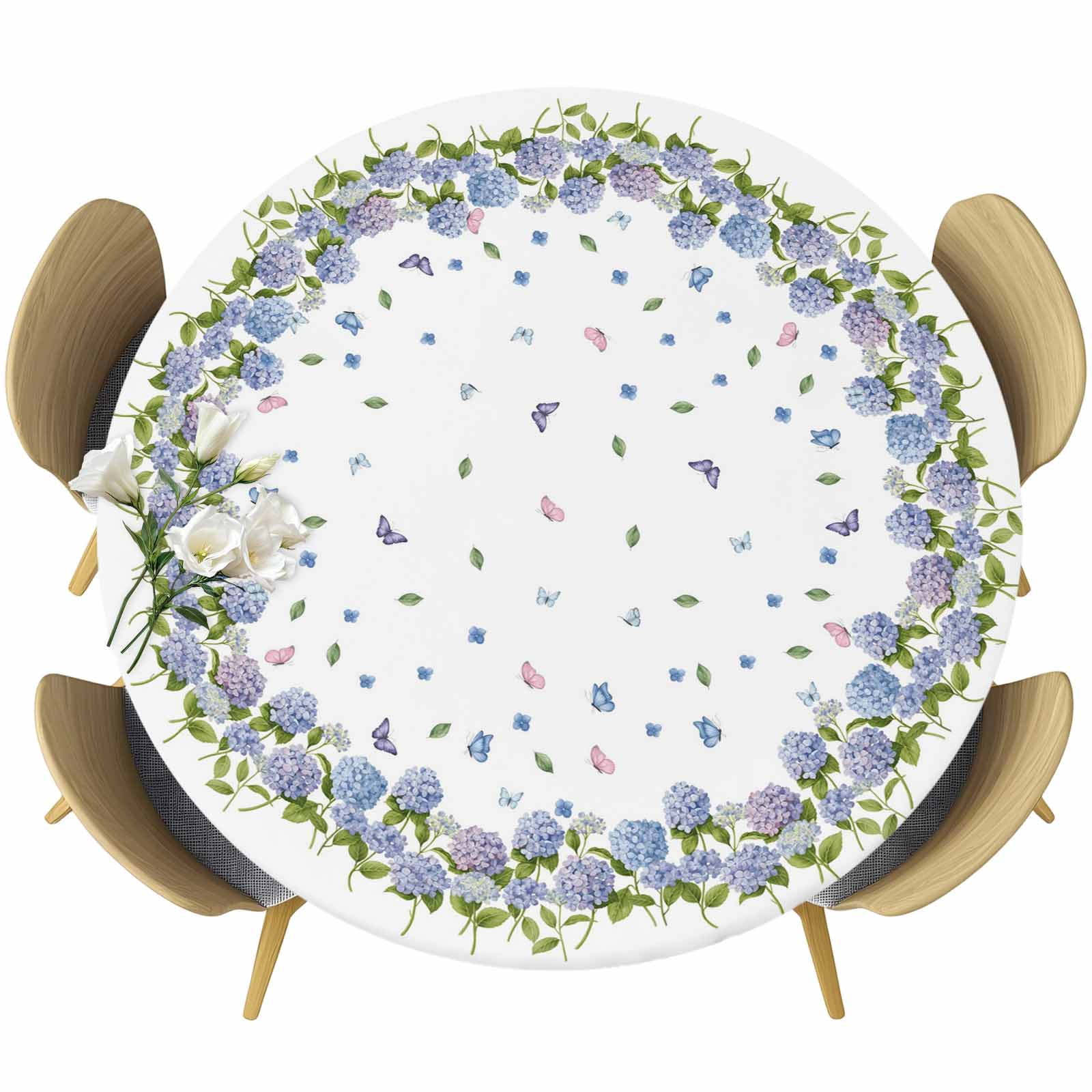 Blue Purple Hydrangea Round Tablecloth, Fitted Table Cover with Elastic ...
