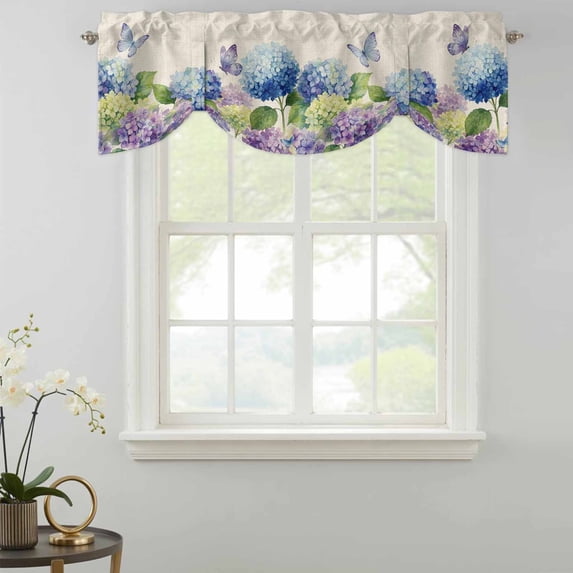 Blue Purple Hydrangea Tie Up Valances Curtain, Summer Floral Butterfly ...