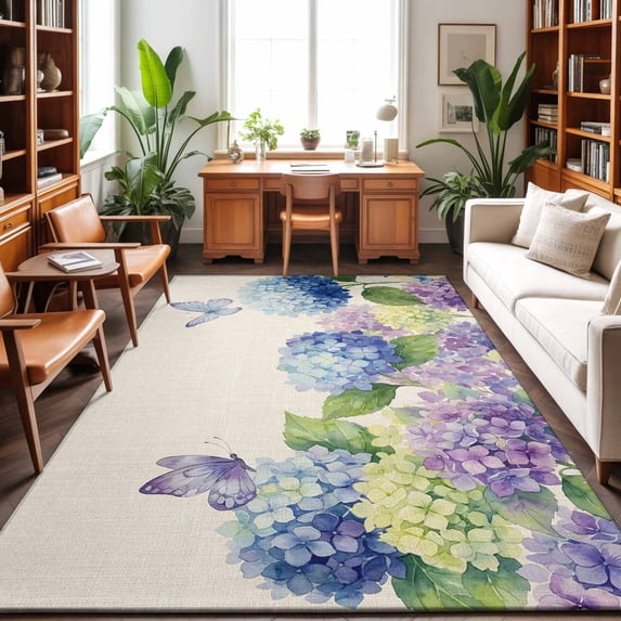 Blue Purple Hydrangea Washable Area Rug 4 x 6 ft Summer Floral ...