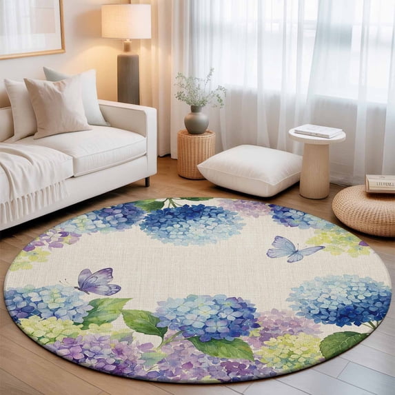 Blue Purple Hydrangea Washable Round Area Rug 4 ft, Summer Floral ...