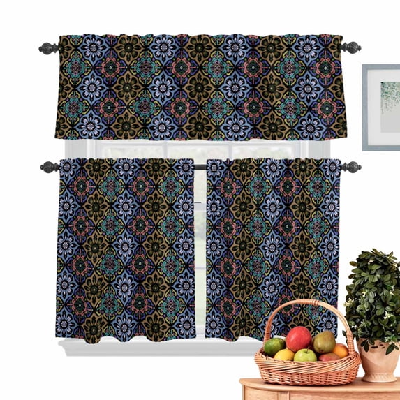 Blue Purple Kitchen Curtains Valances 3 Piece Set, Ethnic Floral ...