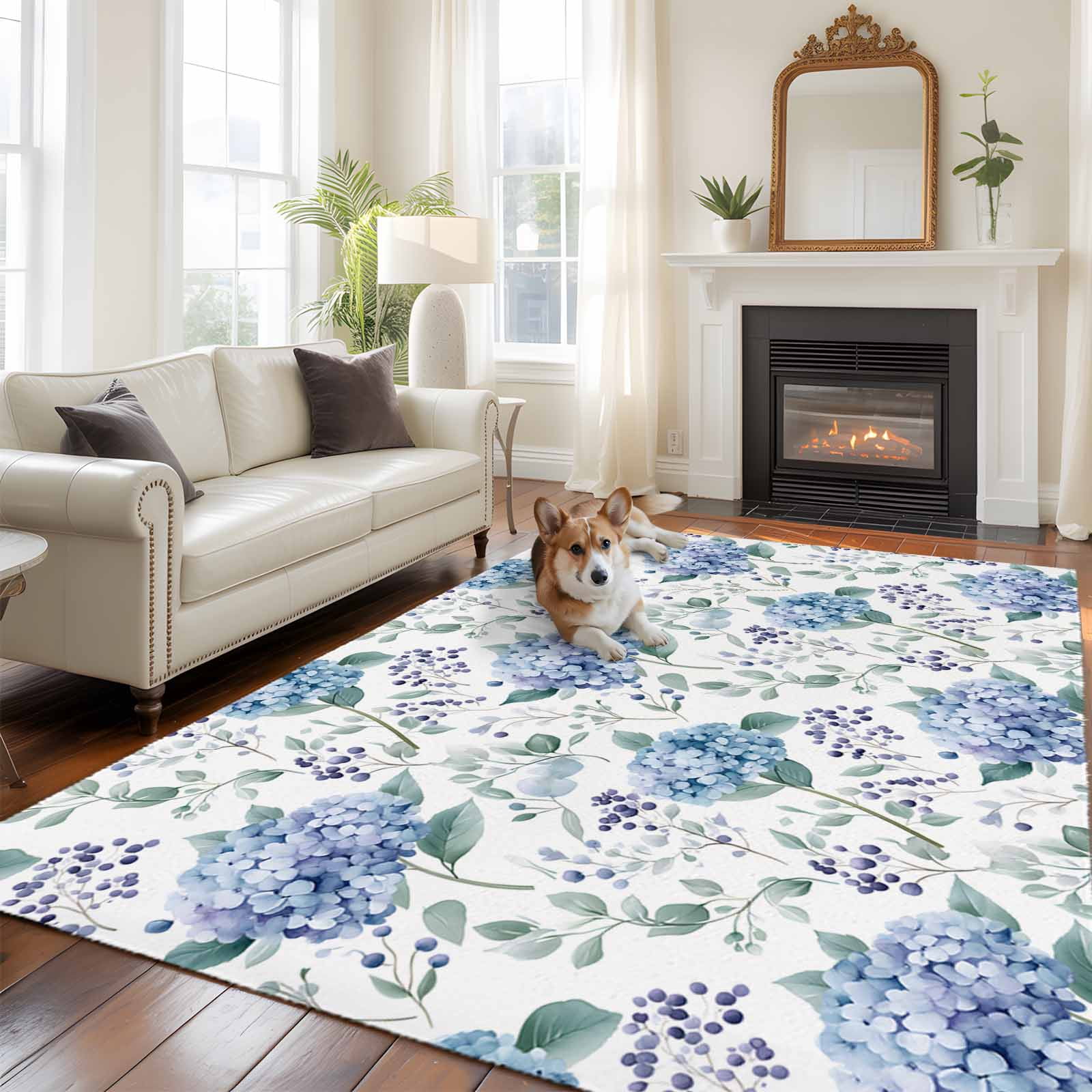 Blue Purple Large Area Rugs 5x8 ft Hydrangea Floral Fruit Eucalyptus ...