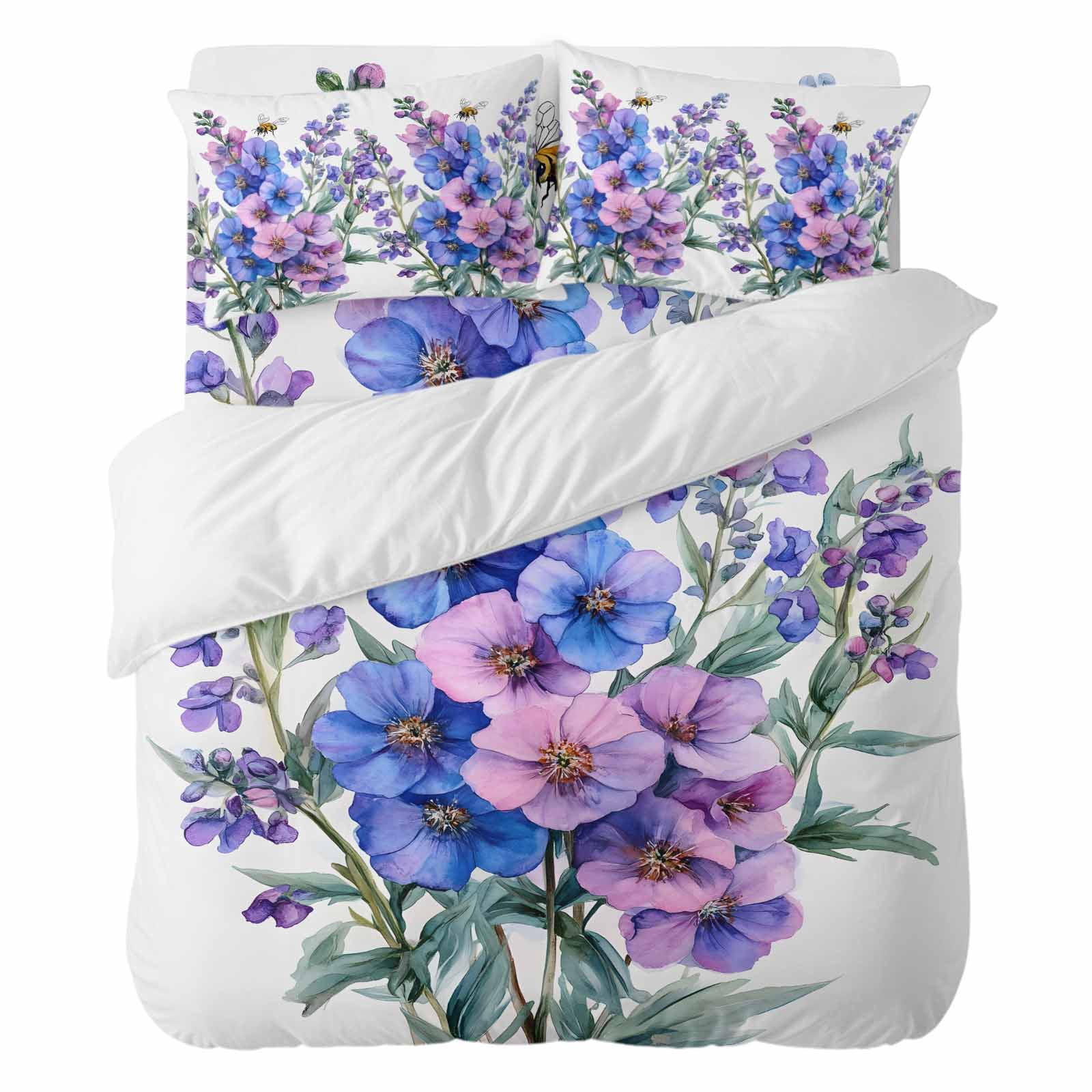 Blue Purple Lavender Comforter Set Queen Size, Spring Bee Floral Flower ...