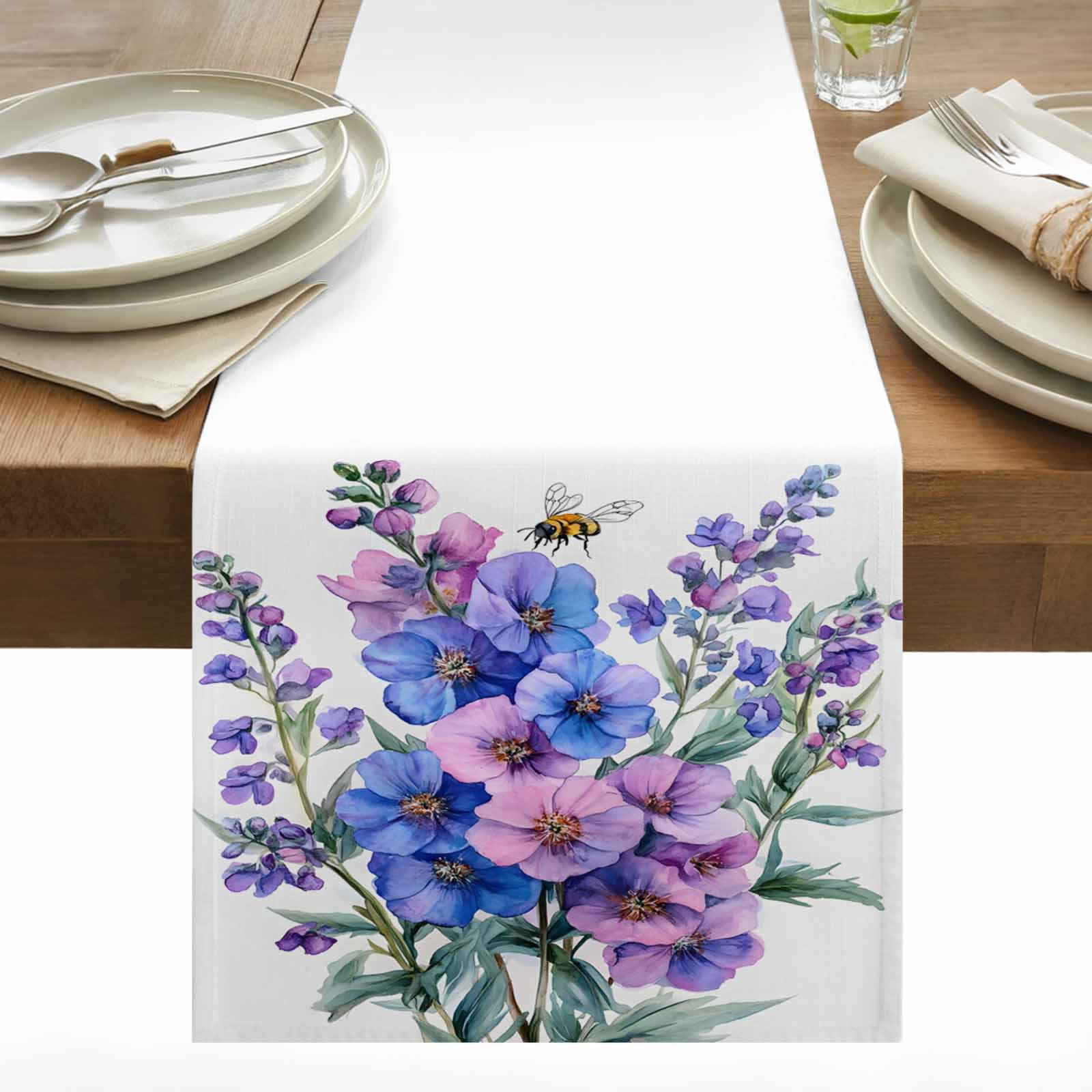 Blue Purple Lavender Cotton Linen Table Runner Spring Bee Floral Flower ...