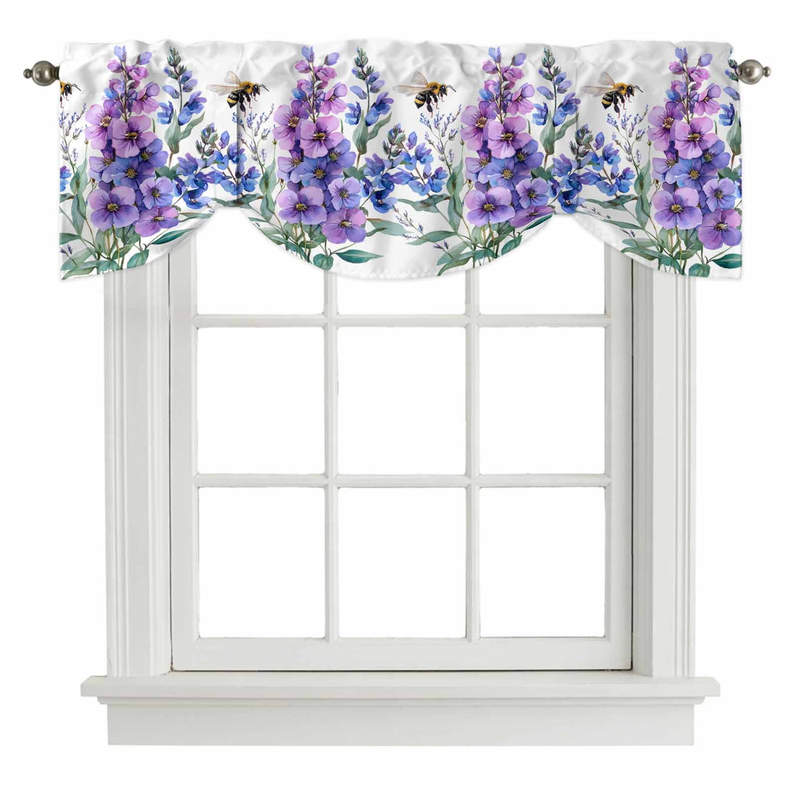 Blue Purple Lavender Tie Up Valance for Windows, Spring Bee Flower ...