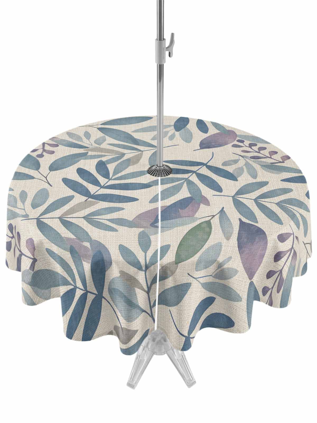 Blue Purple Leaf Round Outdoor Tablecloth with Umbrella Hole Botanical ...