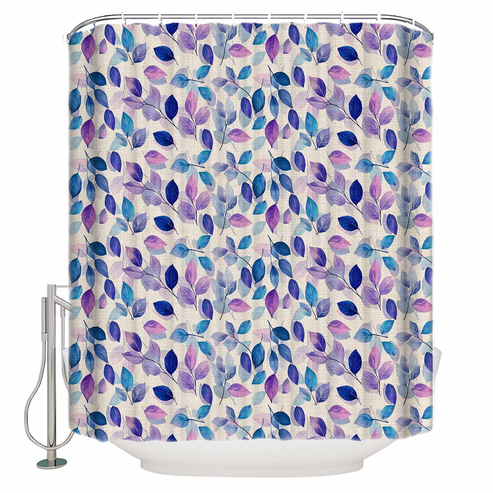 Blue Purple Leaves Bathroom Shower Curtains with 12 Hooks Polyester ...