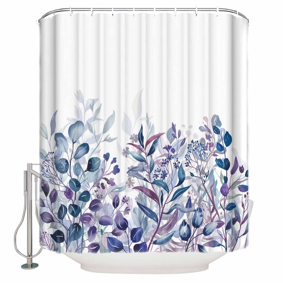 Blue Purple Leaves Bathroom Shower Curtains with 12 Hooks Polyester ...