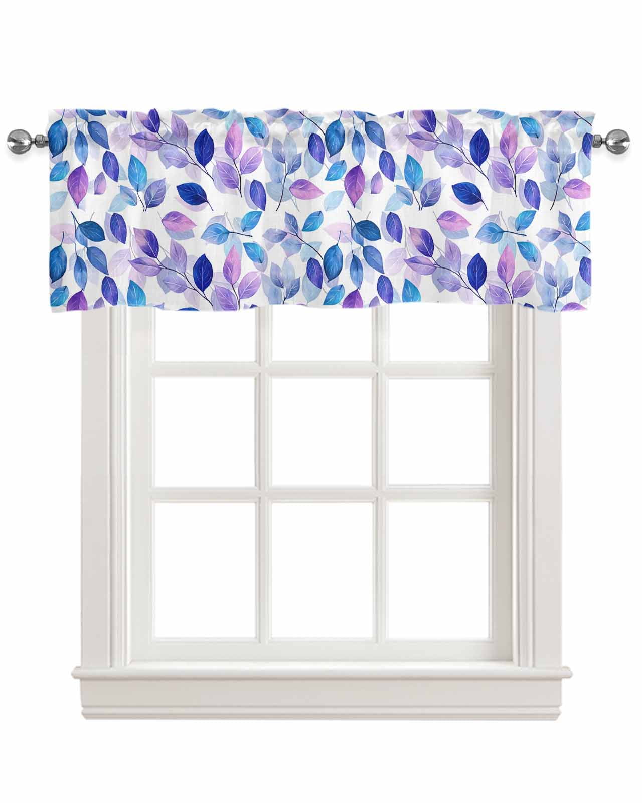 Blue Purple Leaves Kitchen Valances for Windows Farmhouse Linen Window ...