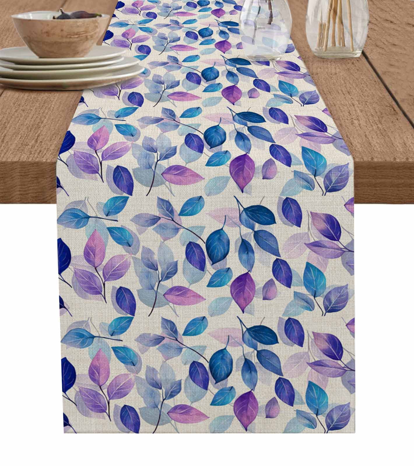Blue Purple Leaves Table Runner 72 Inches, Botanical Abstract Color ...