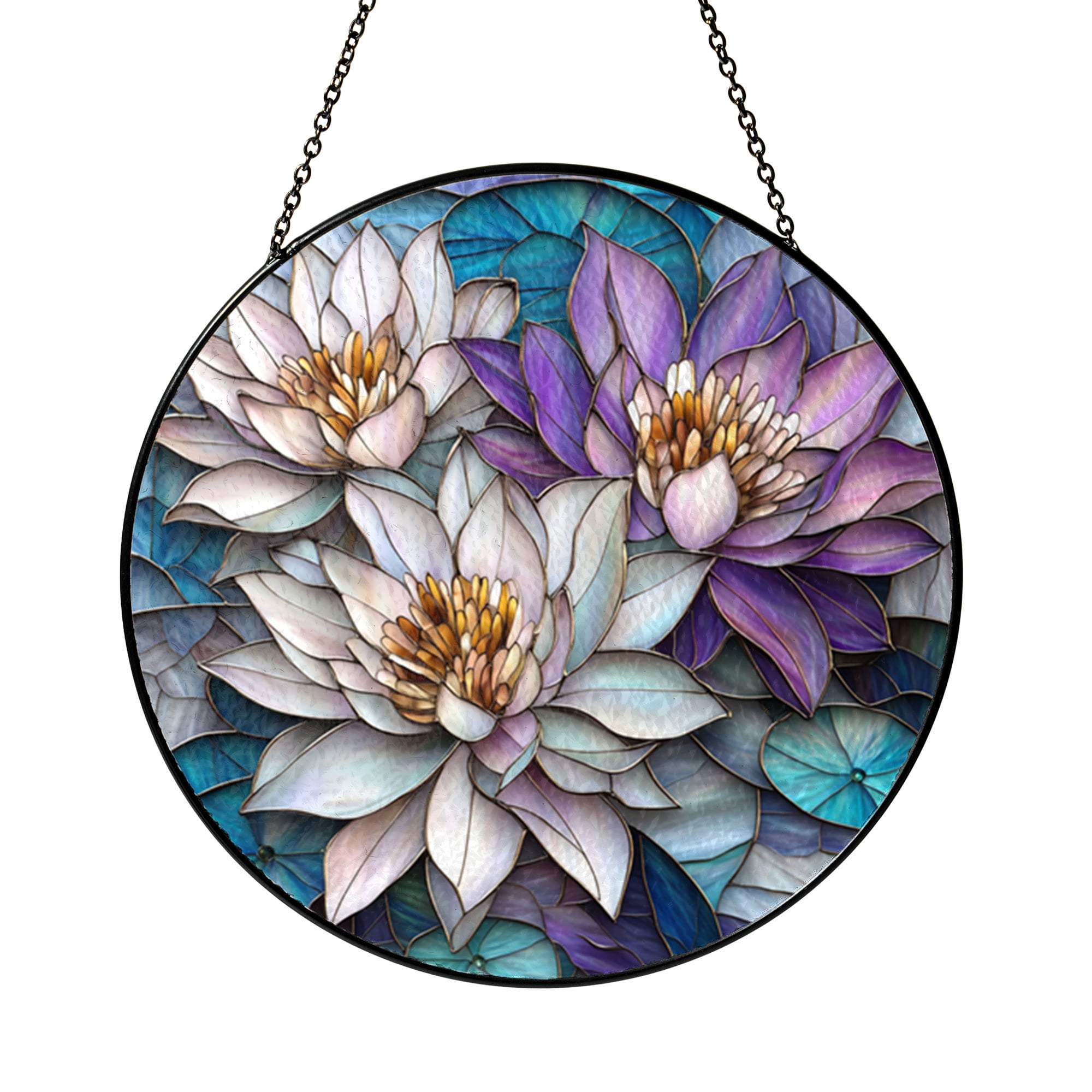 Blue Purple Lotus Flower Suncatcher, Round Stained Glass Style Floral ...